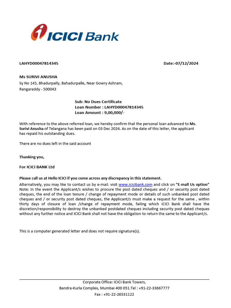 ICICI Bank No Dues Certificate Letter | PDF