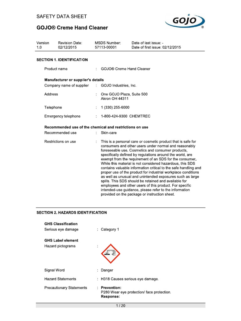 GOJO Creme Hand Cleaner SDS | PDF