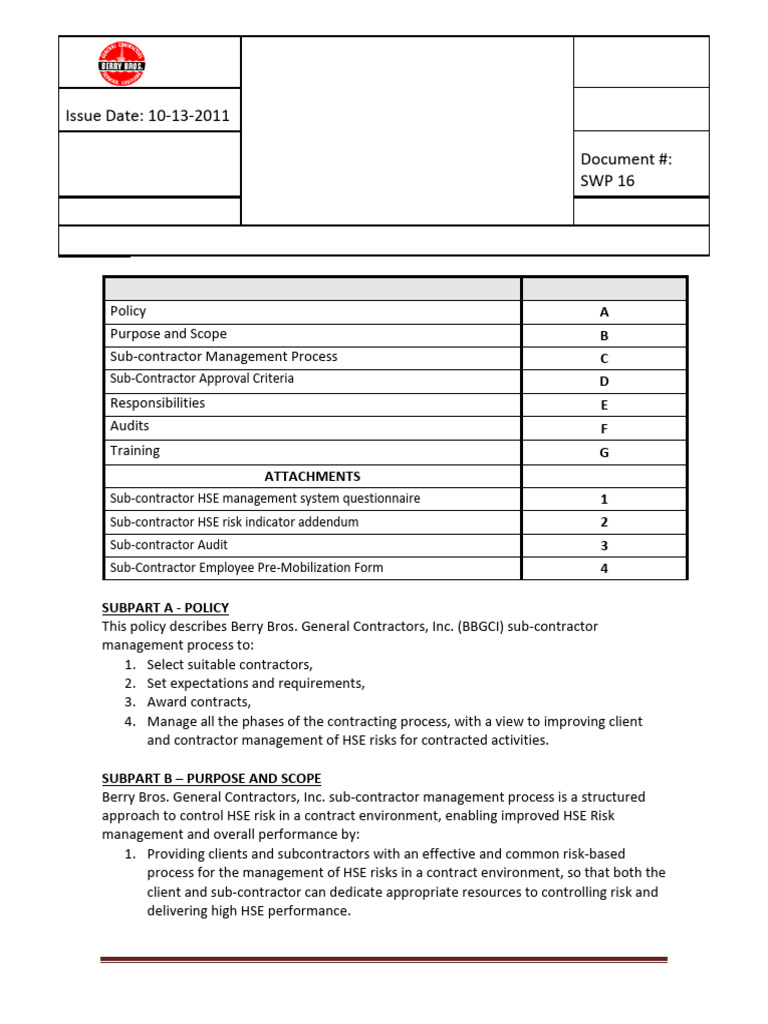 SWP 16 Sub Contractor Management Plan Autosaved | PDF | Subcontractor ...