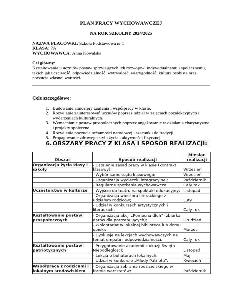 Plan Pracy Wychowawczej | PDF