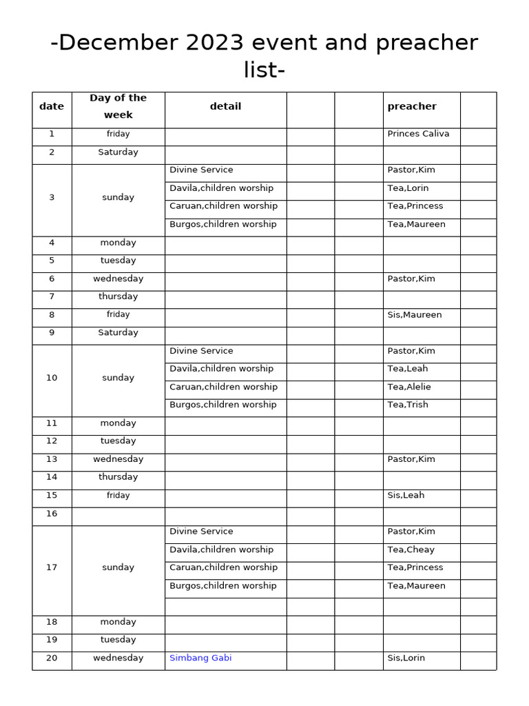 December 2023 Worship Schedule | PDF