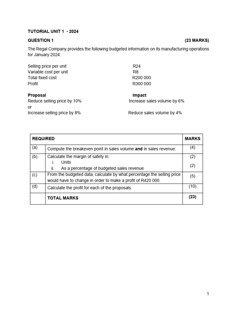 Tutorial Unit 1 CVP Analysis (Refresher) | PDF