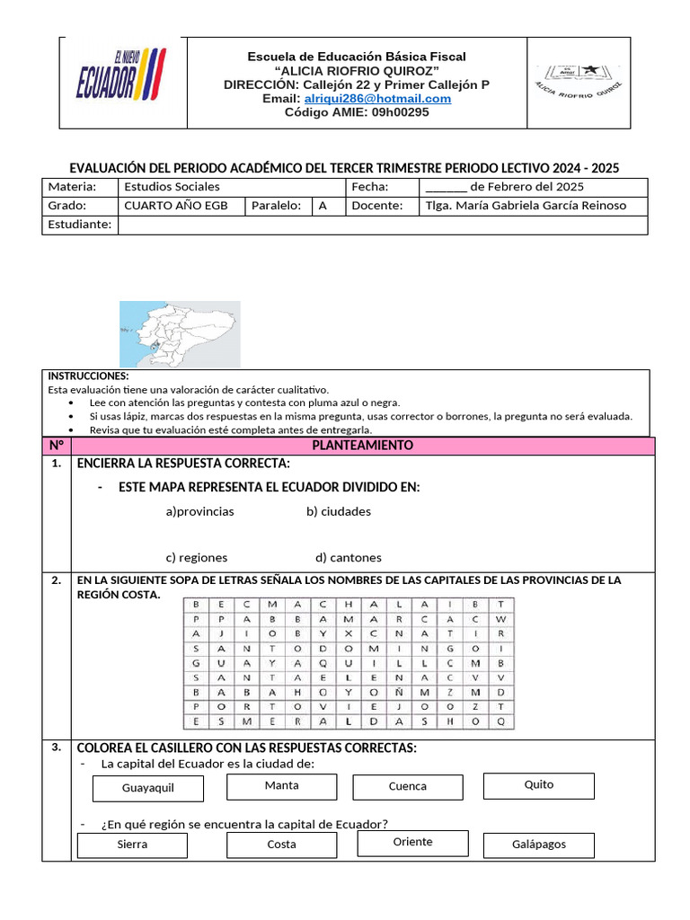 FORMATO EXAMEN EESS 3ER TRIMESTRE 4TO EGB GABY 2024-2025 | PDF | Continente