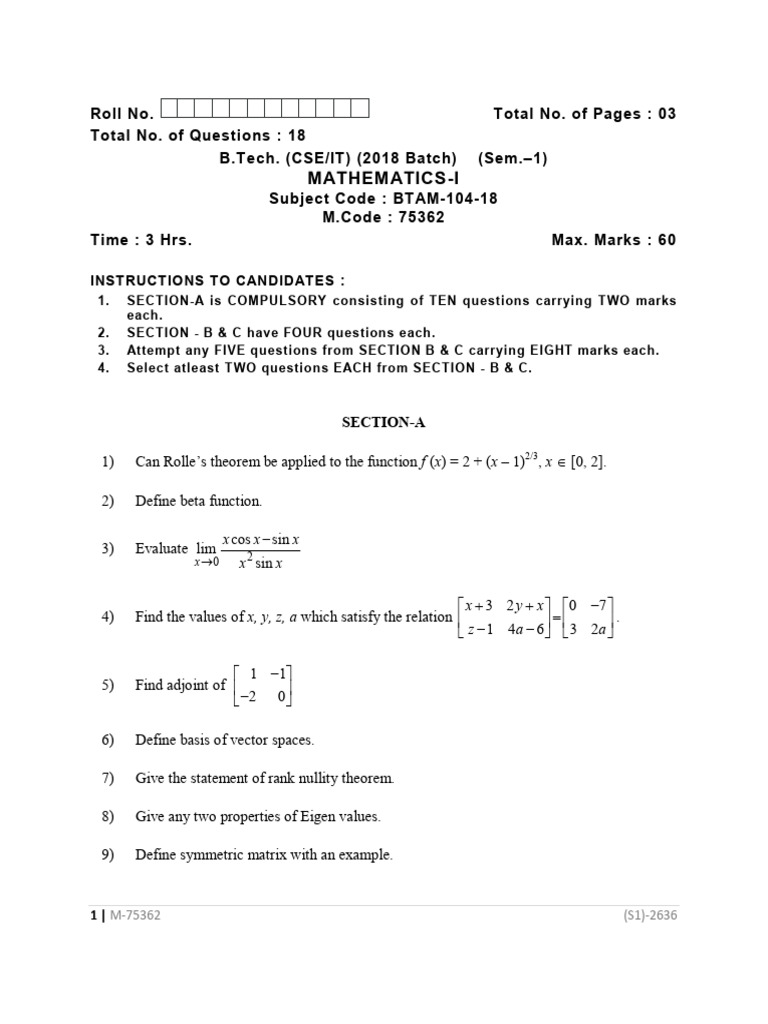 B.Tech CSE/IT Mathematics-I Exam | PDF | Mathematical Objects | Mathematical Physics