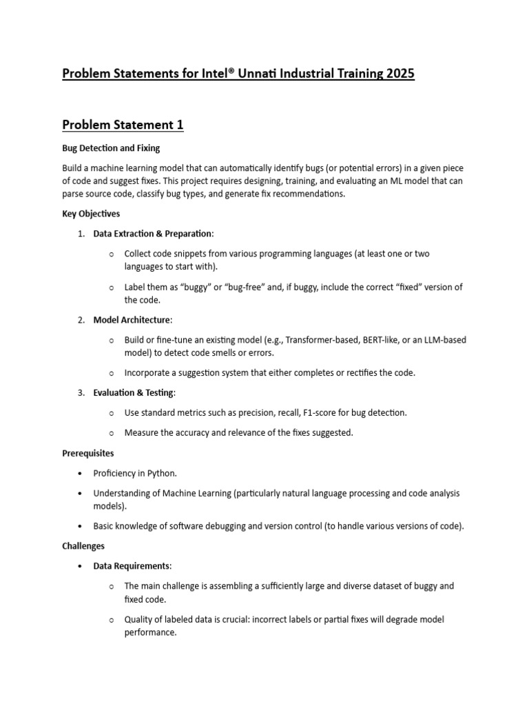 Problem Statements For Intel Unnati Industrial Training 2025 | PDF | Artificial Intelligence ...
