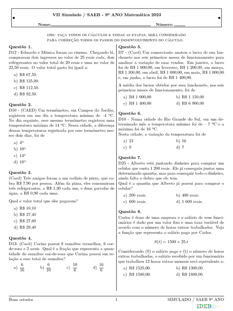 Simulado SAEB 9º Ano Matemática 2023 | PDF
