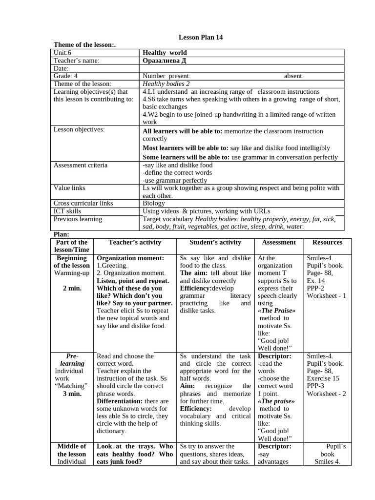Grade 4 Healthy Bodies Lesson Plan | PDF | Learning | Noun