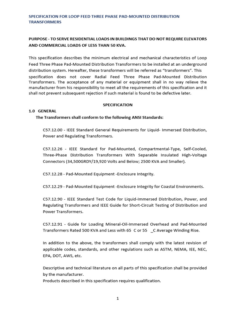 Specs Loop Feed Three Phase Padmounted Transformers | PDF | Transformer ...