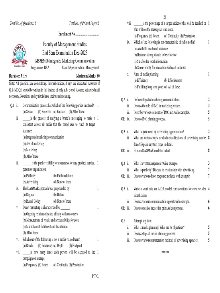 MS3EM06 Integrated Marketing Communication QP | PDF | Marketing Communications | Communication