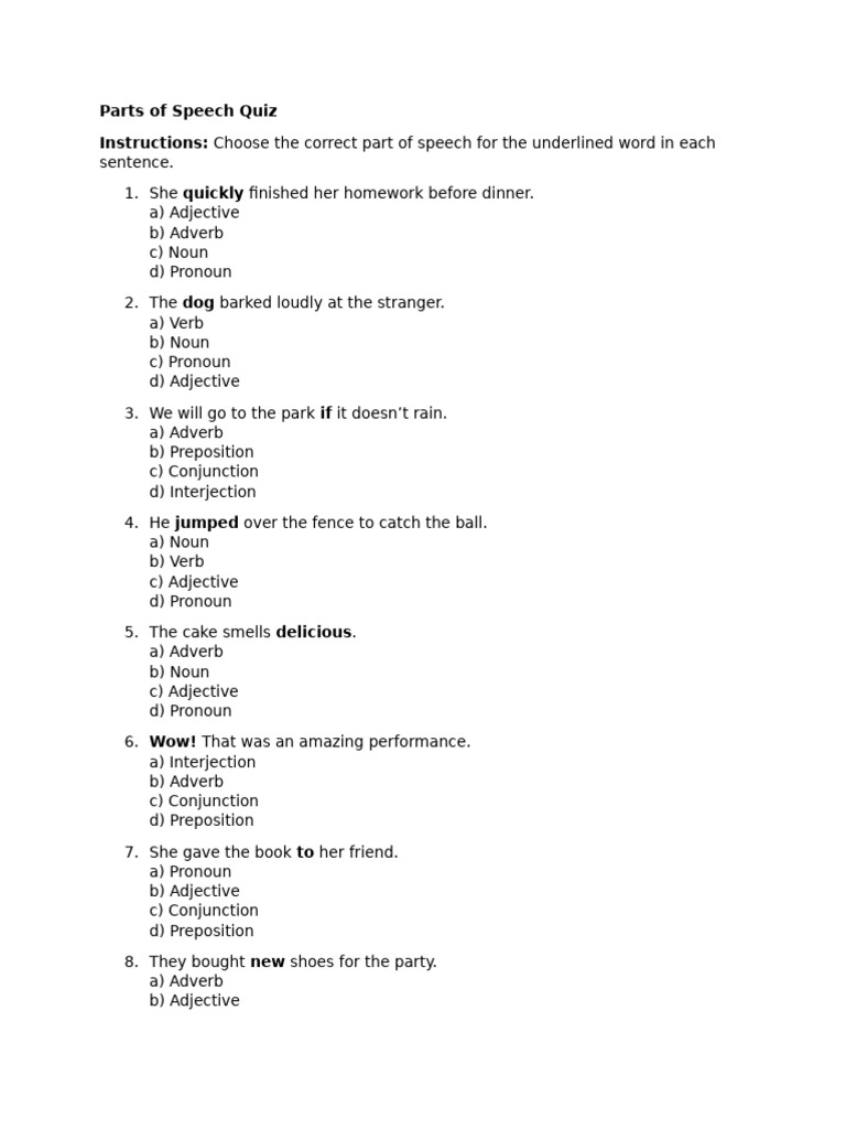 Parts of Speech Quiz Instructions | PDF