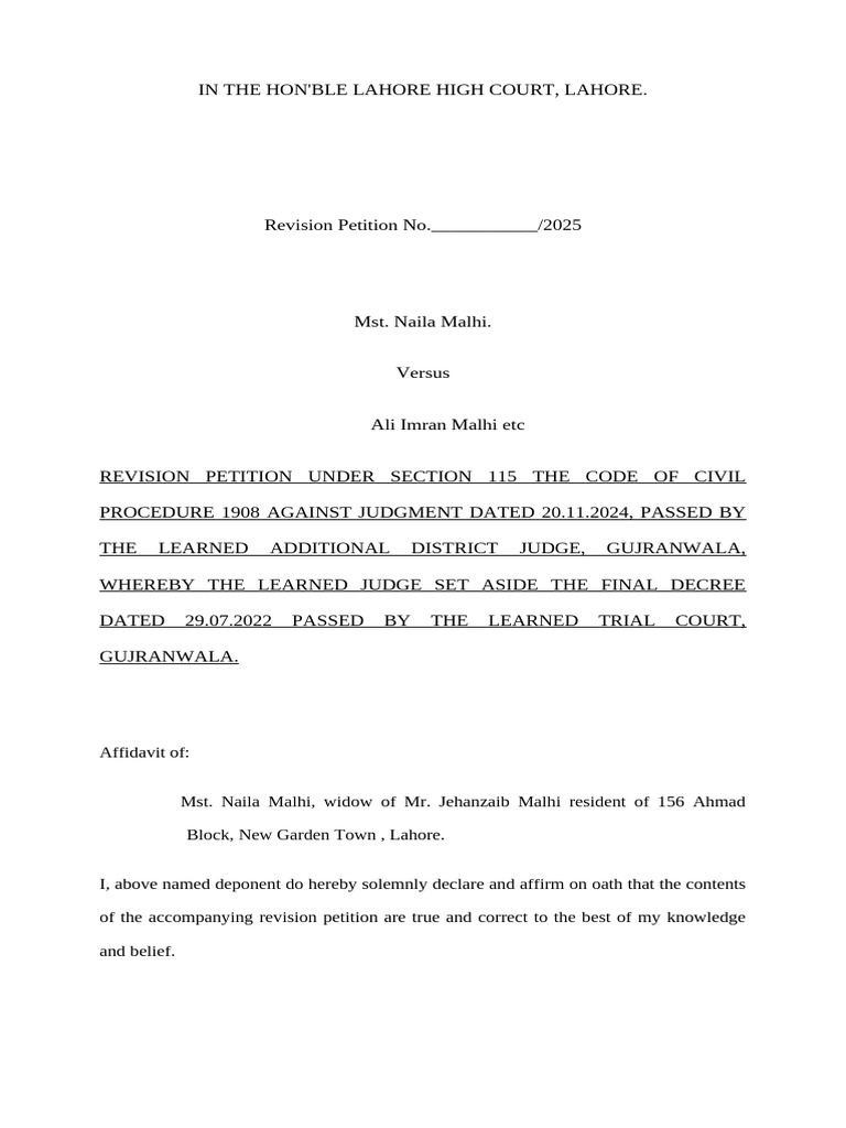 Lahore Court Revision Petition | PDF | Affidavit | Judgment (Law)