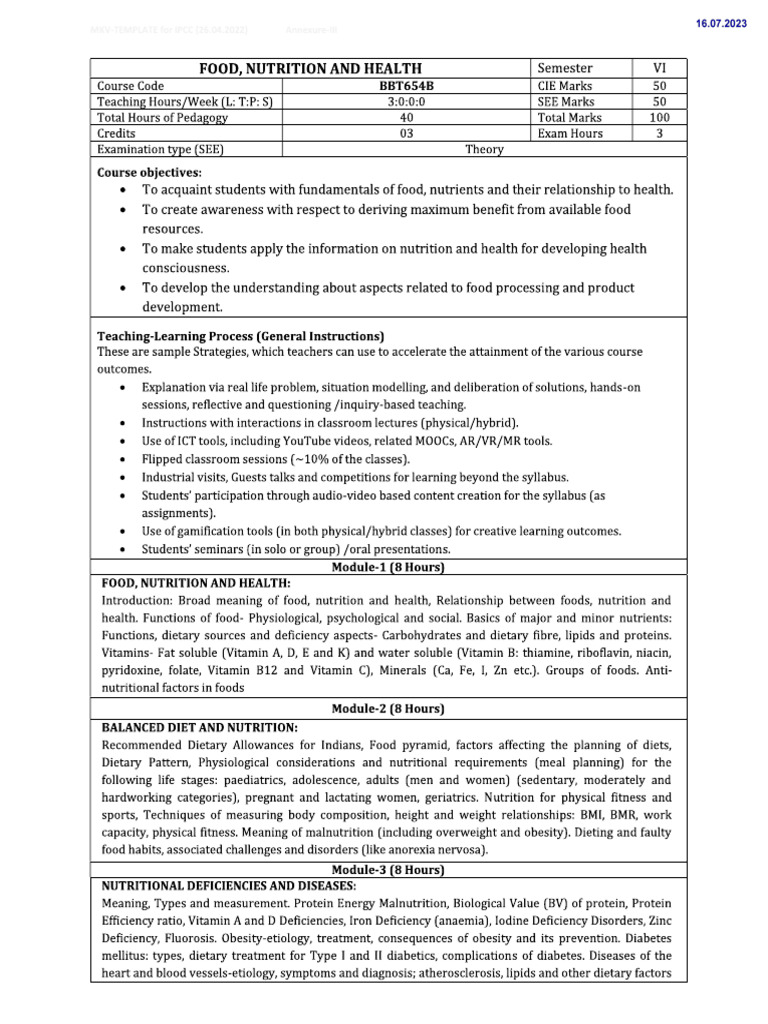 Food Nutritian Syllabus | PDF