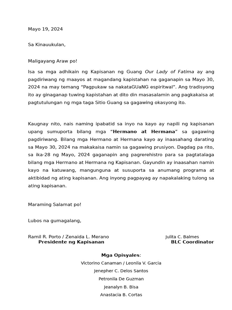 Letter Sa Hermano at Hermana | PDF