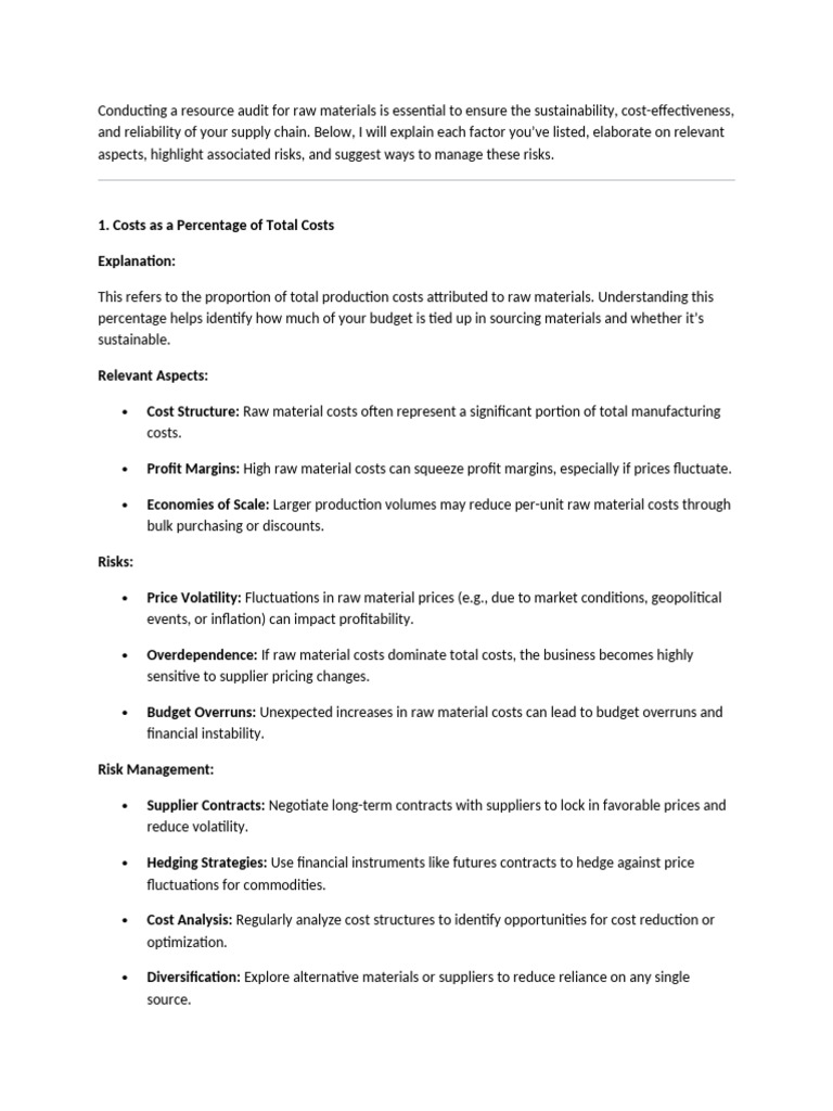 Resource Audit For Raw Materials | PDF | Supply Chain | Risk