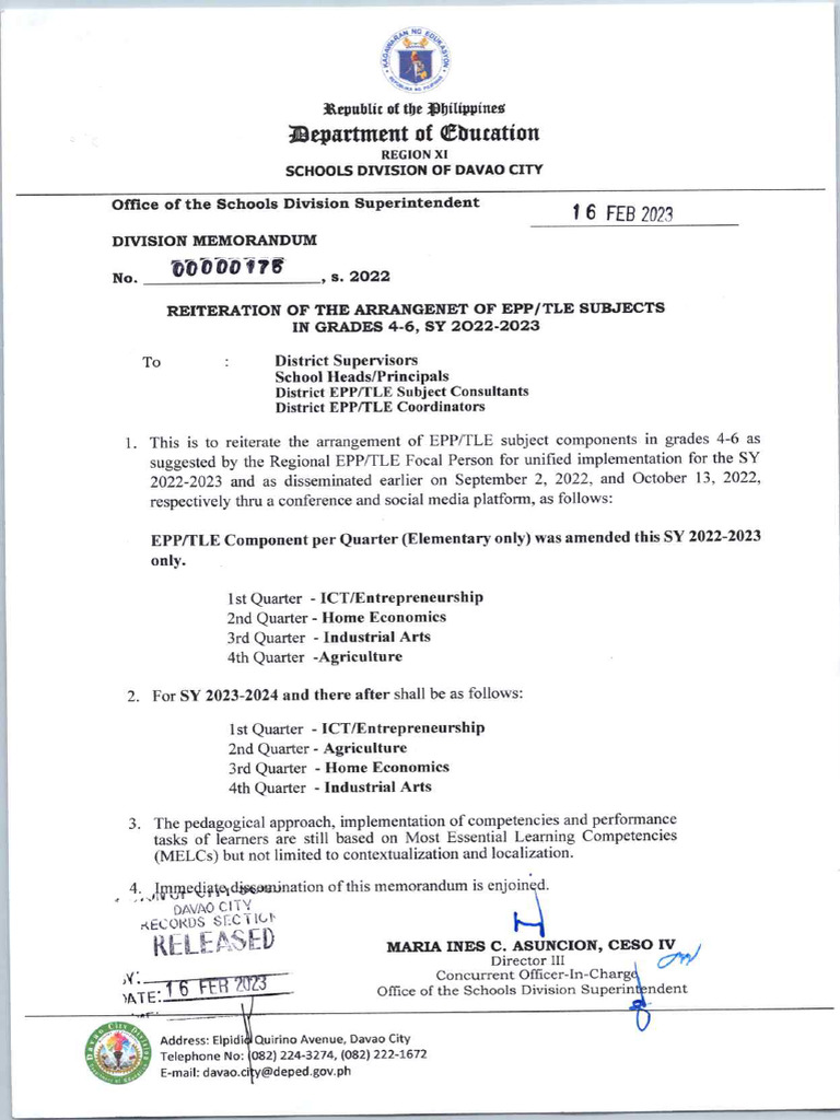 2023-DM-No.-175-REITERATION-OF-THE-ARRANGEMENT-OF-EPP-TLE-SUBJECTS-IN ...