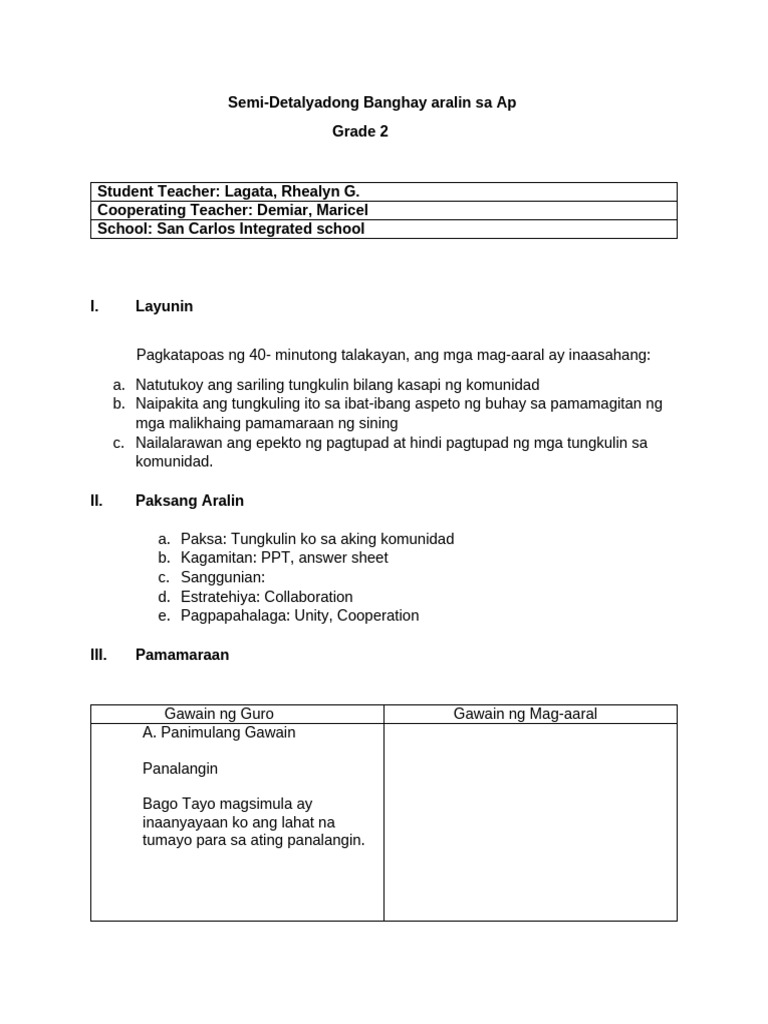 Semi-Detalyadong Banghay Aralin Sa Ap Grade 2 | PDF