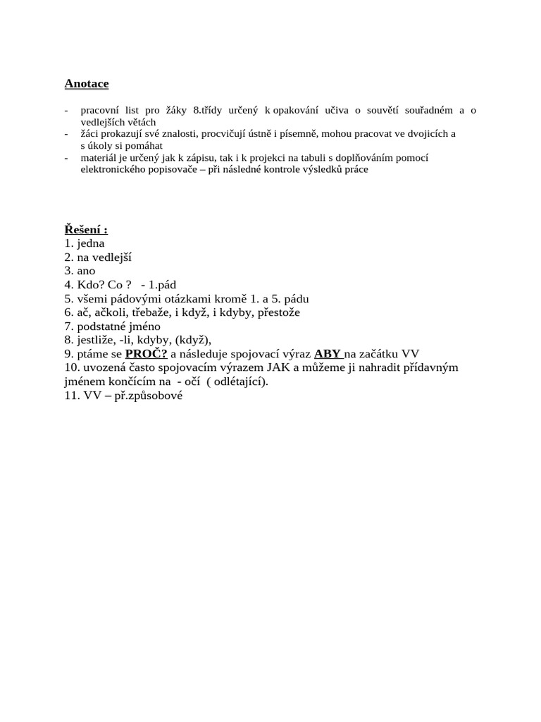 Vedlejsi Vety Podradne Souveti Opakovaci Cviceni | PDF