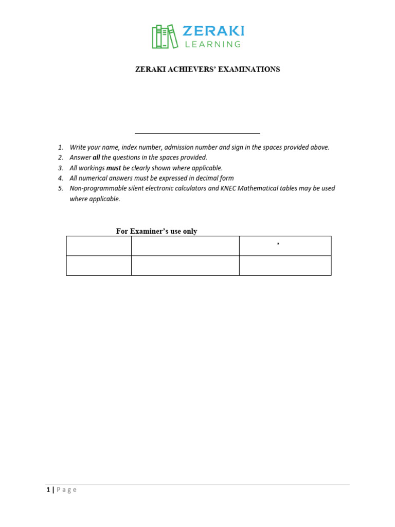 Zeraki Form 1 Physics Exam Term 1 | PDF | Density | Force