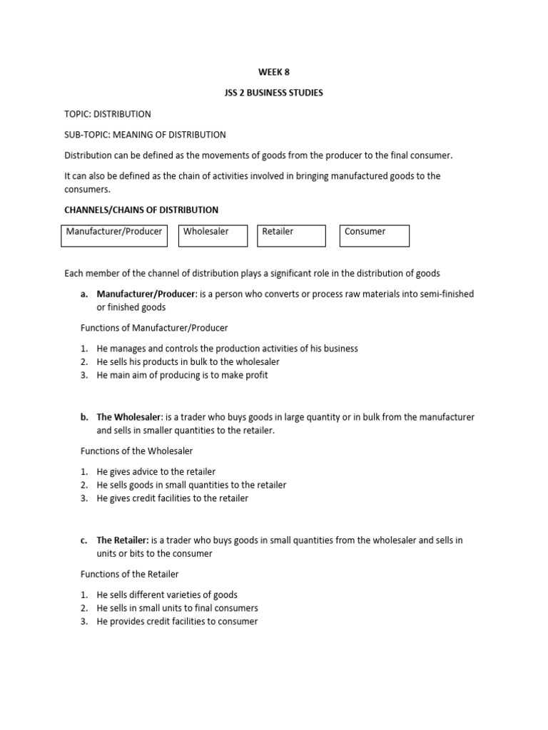 Week 7 Jss 2 Business Studies | PDF
