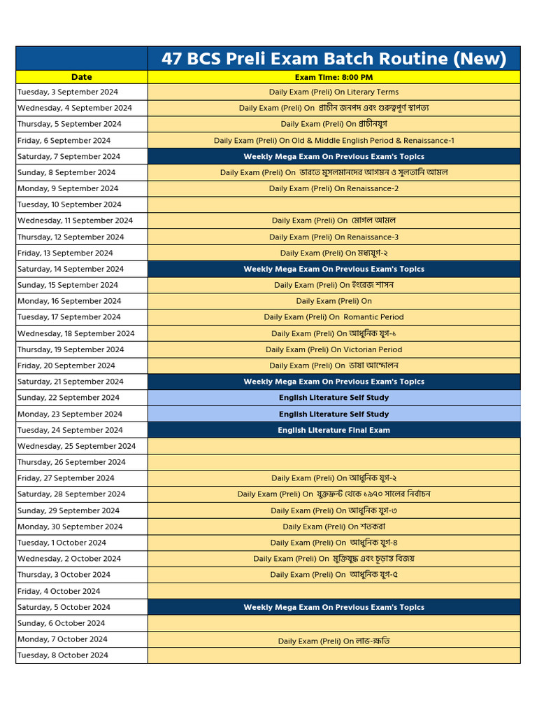 47 BCS Preli Exam Batch Routine (New) - Google Sheets | PDF | Verb | Adverb
