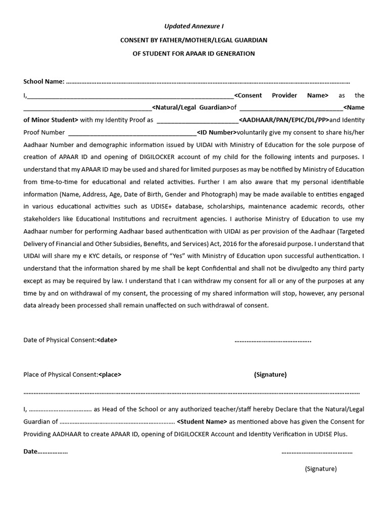 Apaar Idconsent by Parents Updated Annexure i | PDF | Access Control ...