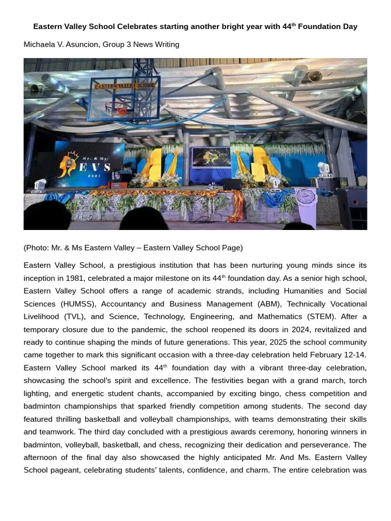 Eastern Valley's 44th Foundation Day | PDF