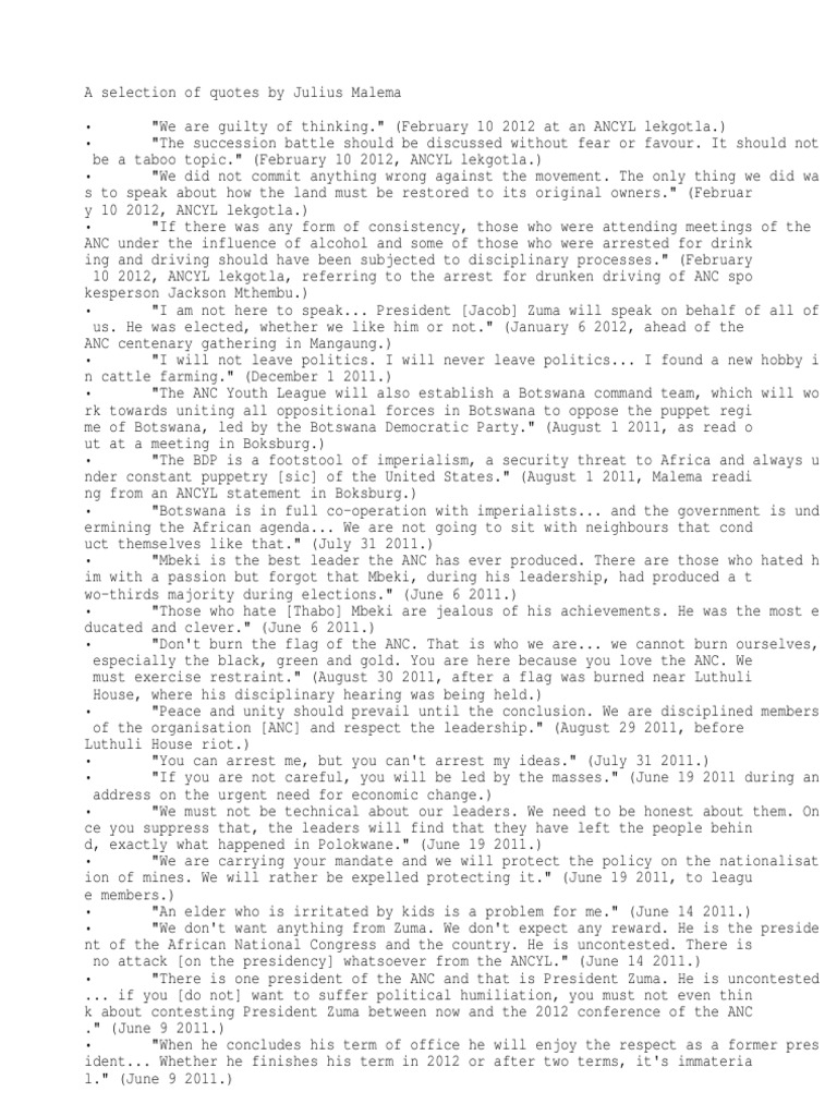 Julius Malema Quotes Collection | PDF | Politics Of South Africa ...