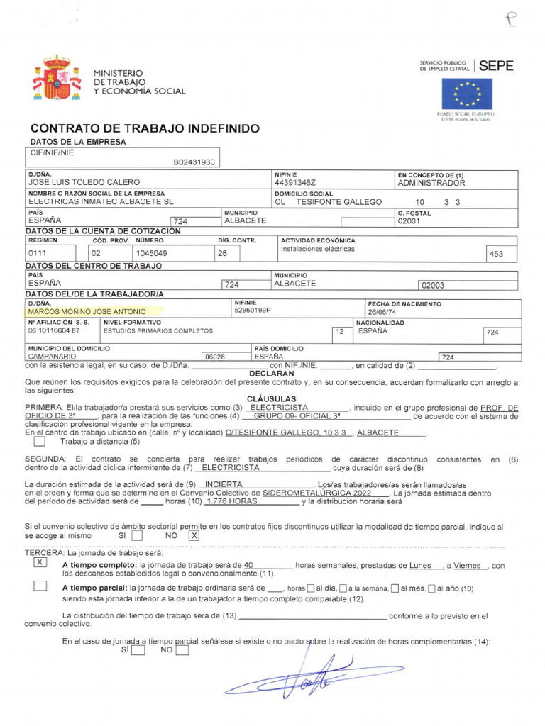 Contrato Fijo Discontinuo Ejemplo | PDF