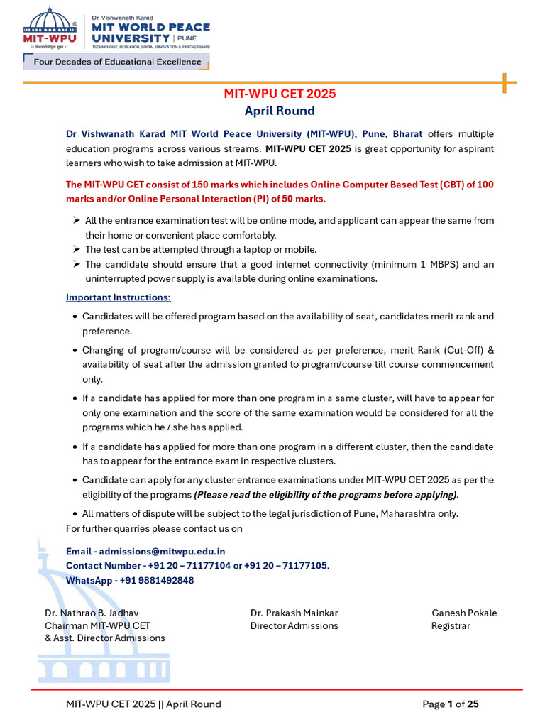 MIT-WPU CET 2025 Exam Details | PDF | Master's Degree | Engineering