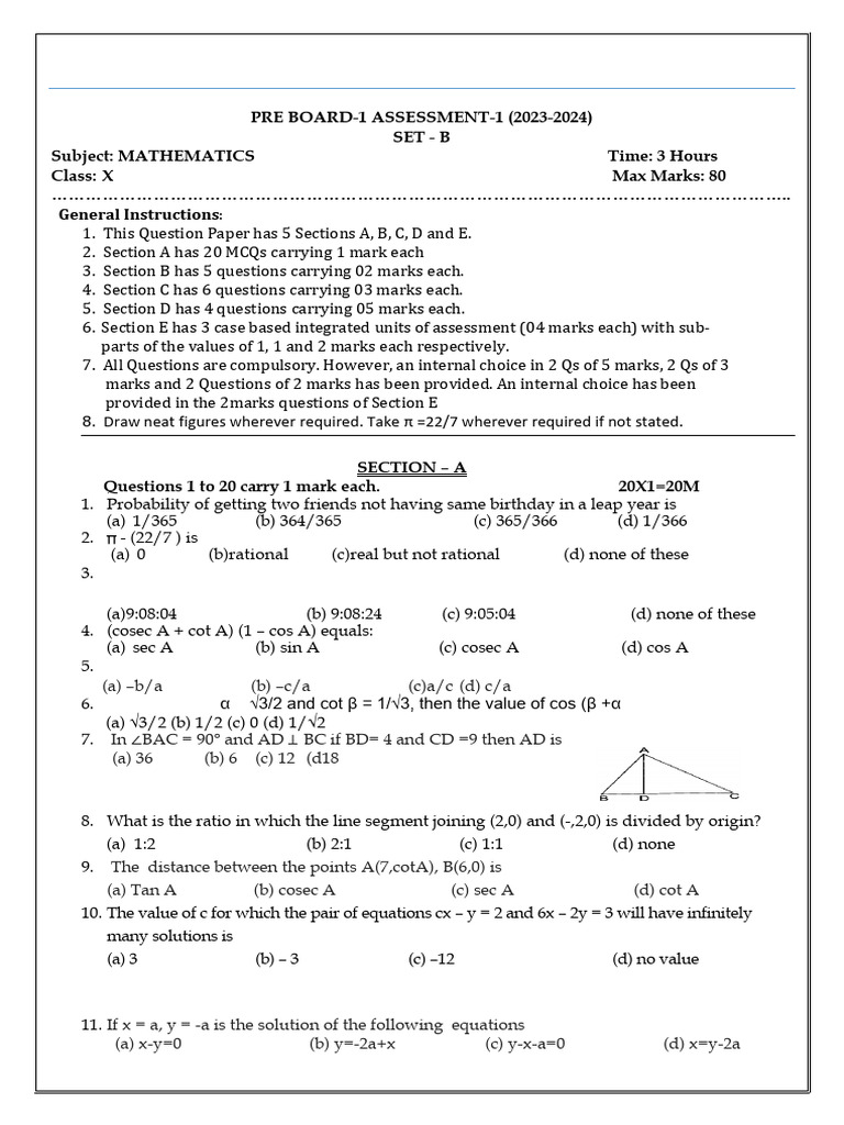 Grade X Math Preboard-1 SET-B QP 2023-24 | PDF | Trigonometric Functions | Triangle