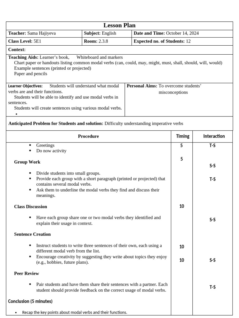 Lesson Plan Grammar Lesson Plan | PDF | Lesson Plan | Verb
