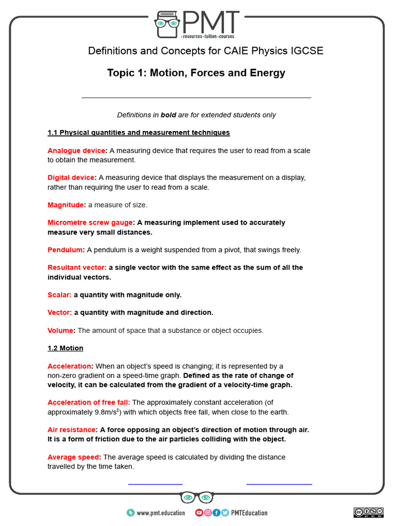 Definitions - Topic 1 Motion, Forces and Energy - CAIE Physics IGCSE ...