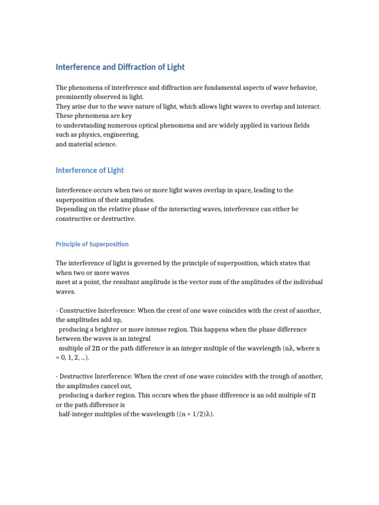 Interference and Diffraction of Light | PDF | Diffraction | Wavelength