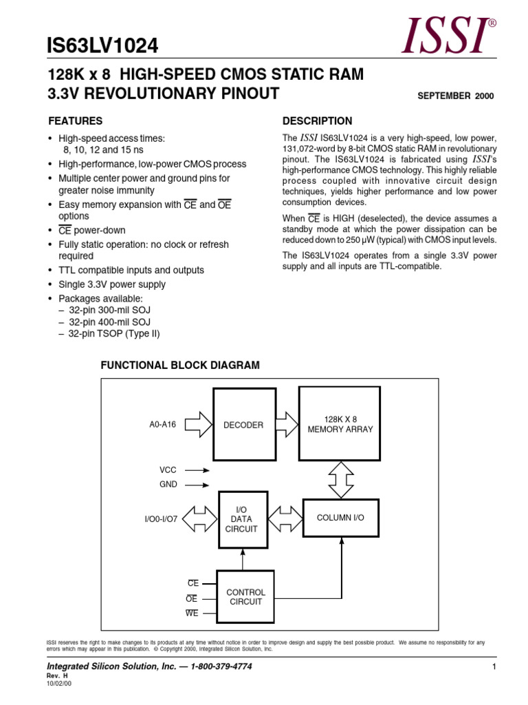 Is63lv1024 High Speed Cmos Static Ram (Display) . | PDF | Cmos | Random ...