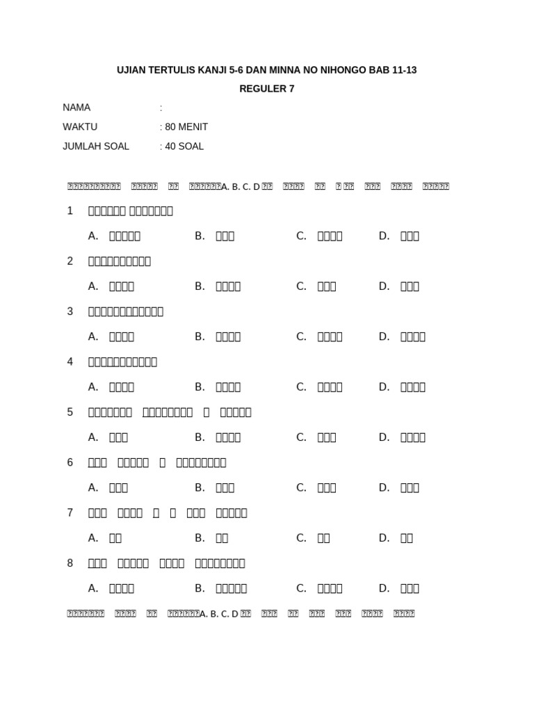 Ujian Tertulis Kanji 5-6 Dan Minna No Nihongo Bab 11-13 | PDF