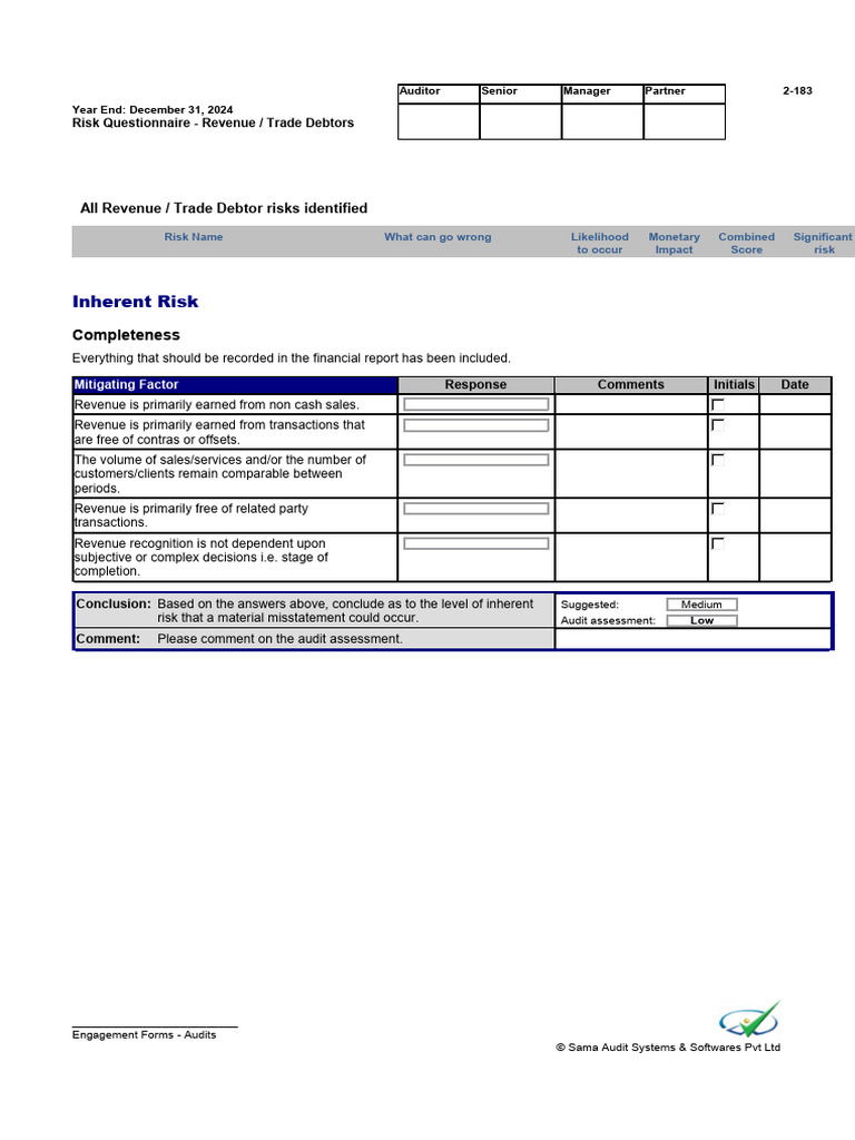Revenue Risk Assessment Questionnaire | PDF | Audit | Risk