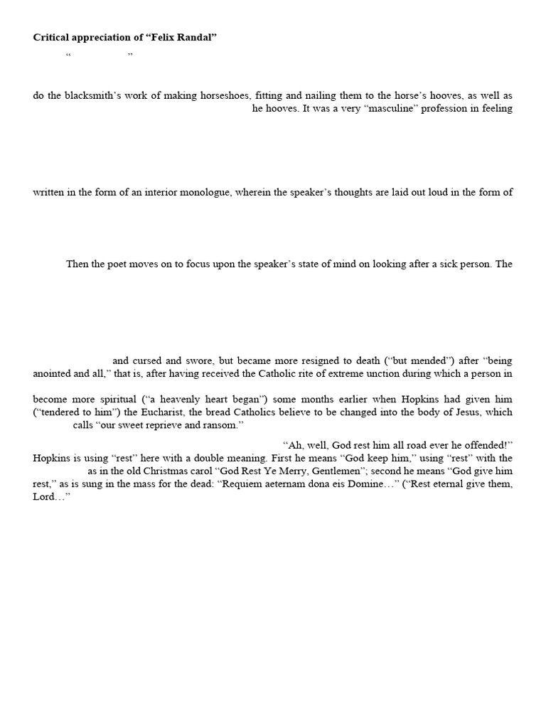 Critical Appreciation of Felix Randal | PDF