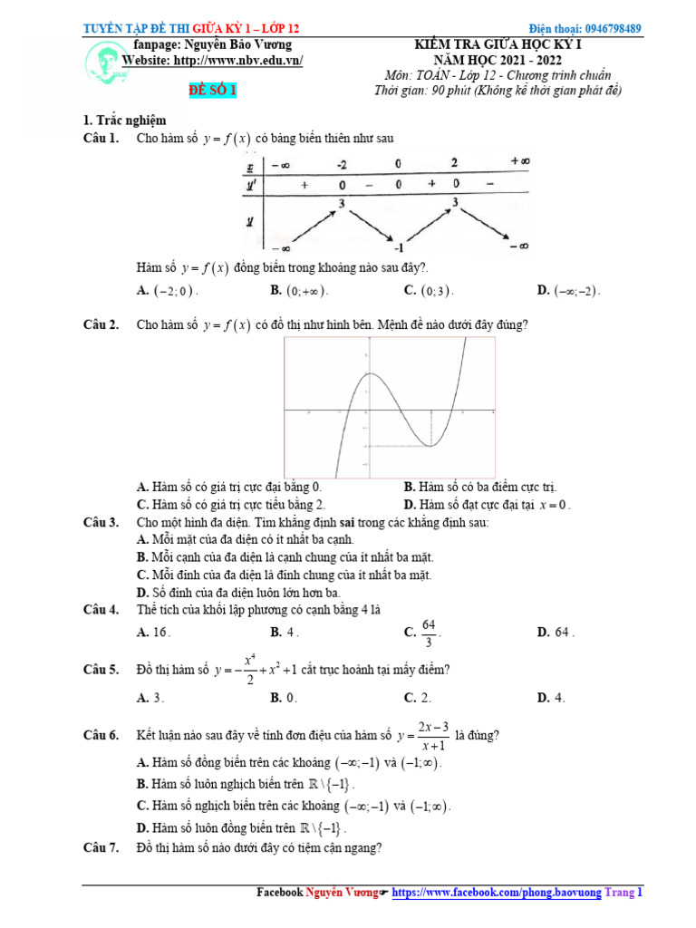 (NBV) -Đề số 1-Đề thi giữa kỳ 1-12 | PDF