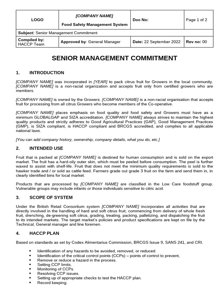 BRCGS Issue 9 Senior Management Commitment Policy and Procedure | PDF ...