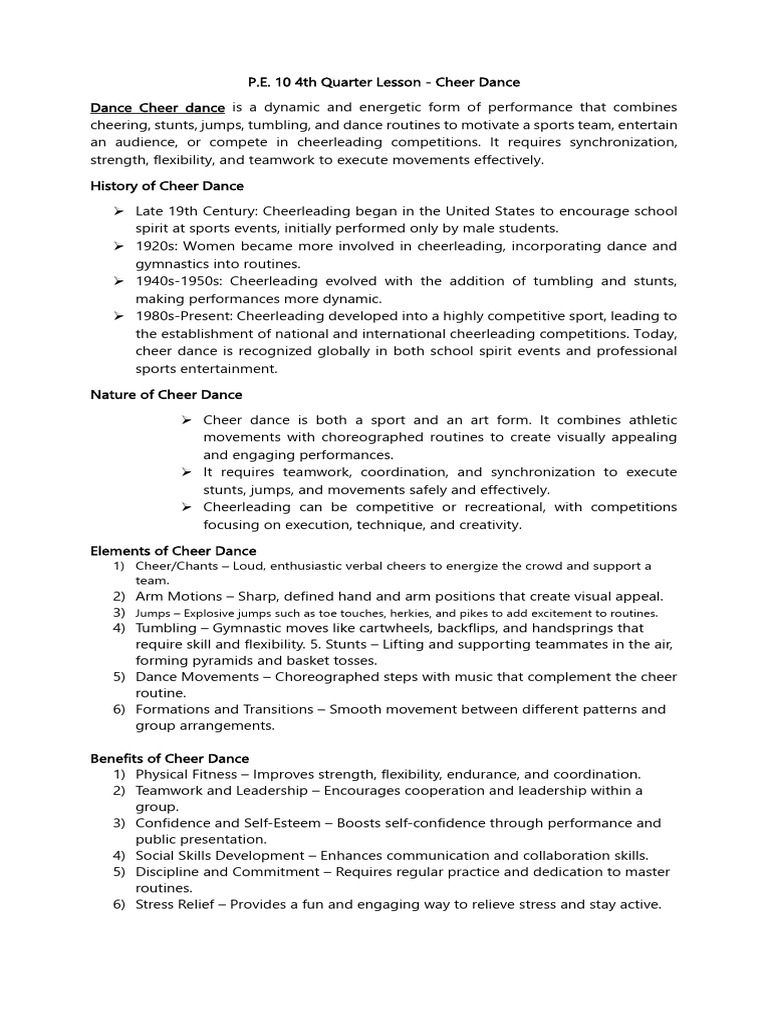 PE 4TH QTR Lecture Notes | PDF | Cheerleading | Dances
