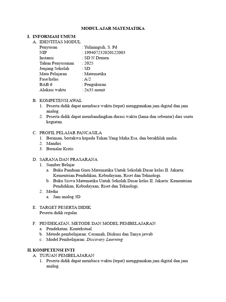Modul Ajar Matematika Kelas 2 Waktu | PDF