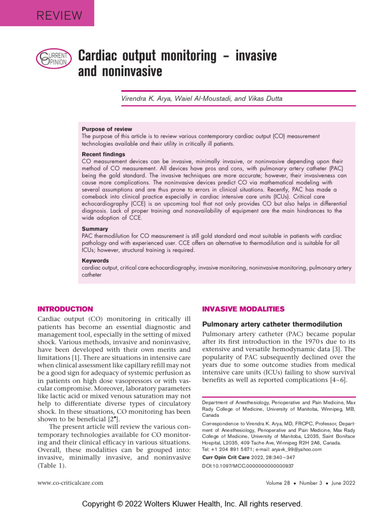 Cardiac Output Monitoring Invasive and Noninvasive: Review | PDF ...