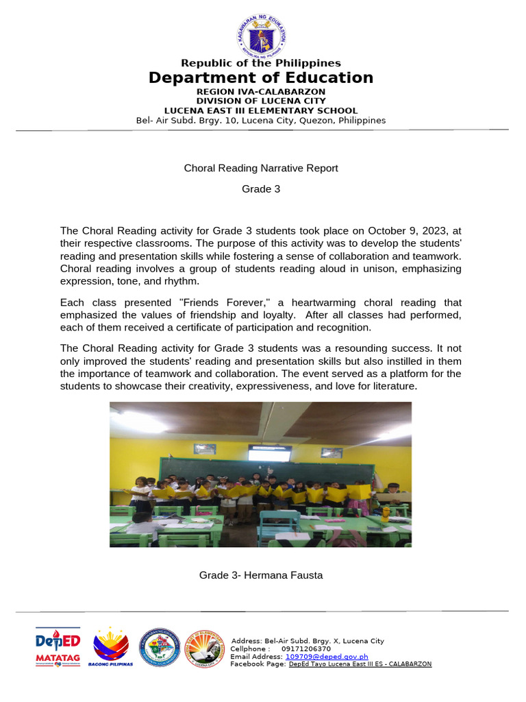 Grade 3 Choral Reading Report | PDF | Human Communication | Cognition