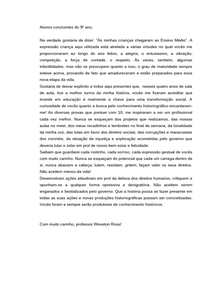 Mensagem de Saudade aos Alunos do 9º Ano | PDF