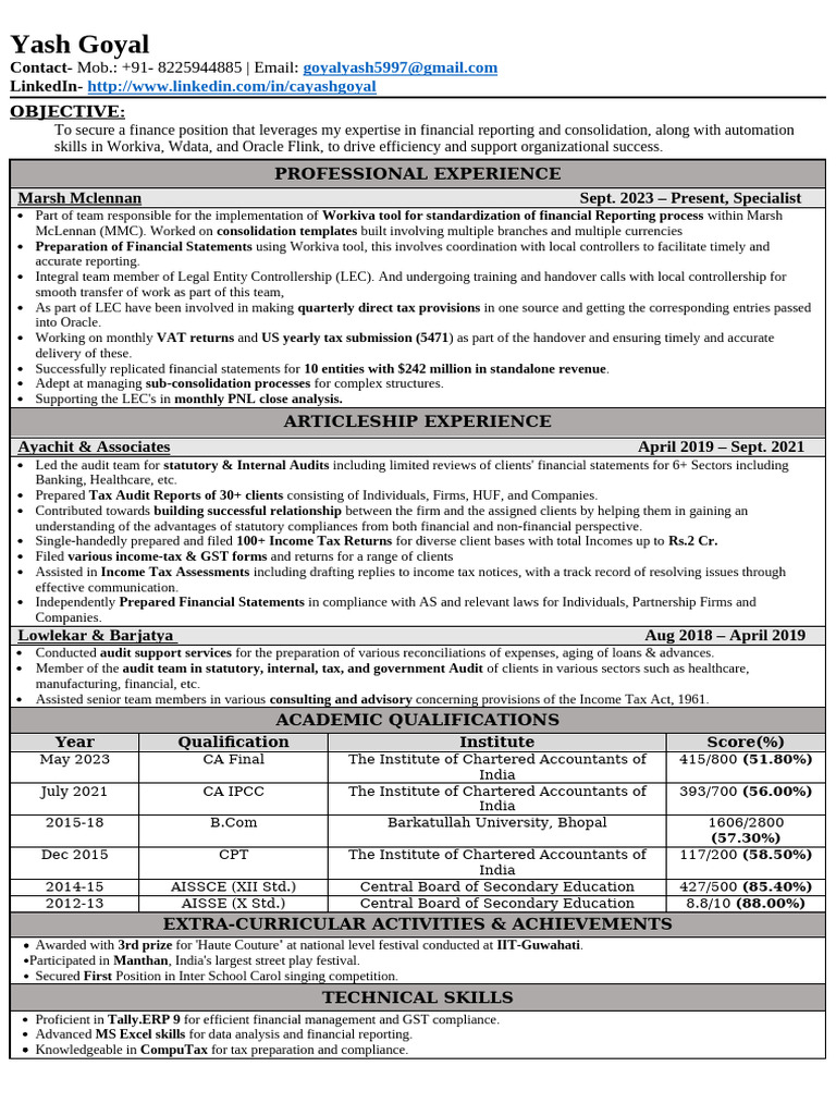 Yash_Goyal_CV | PDF | Audit | Taxes