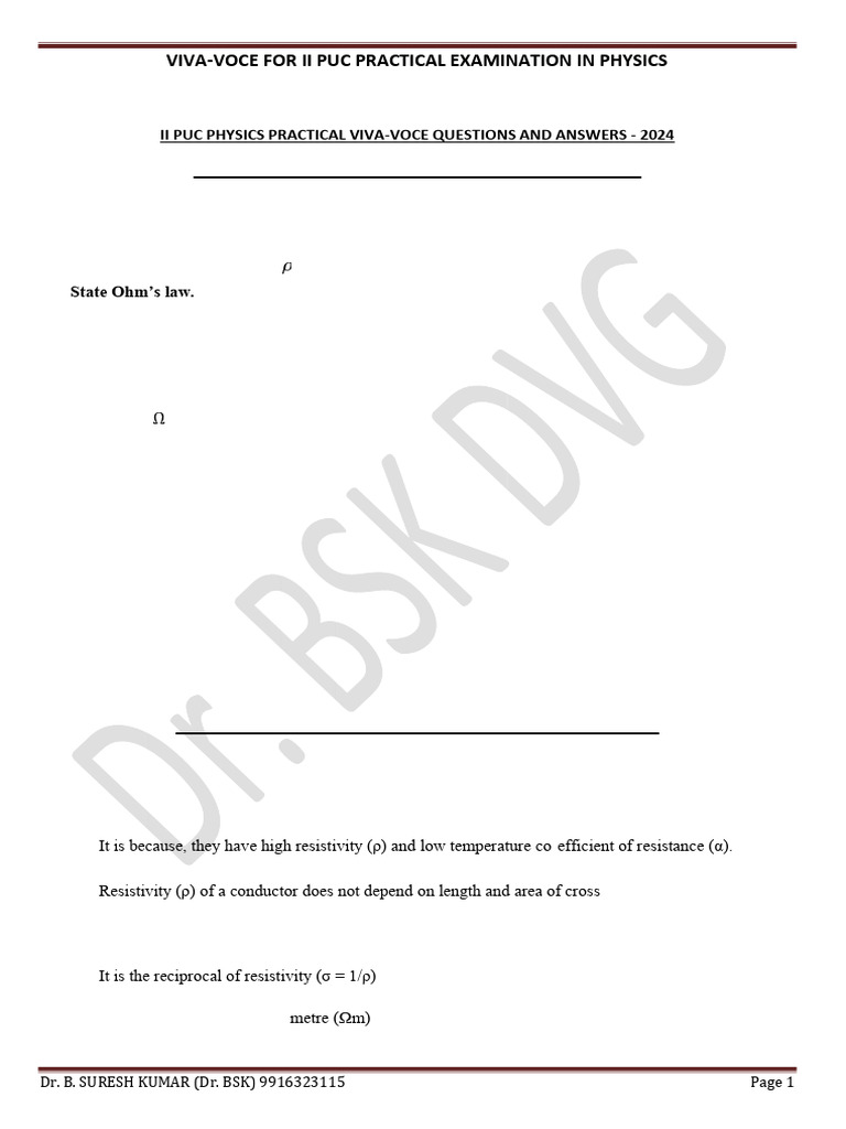 Physics Viva Questions for II PUC | PDF | Refractive Index | Optics