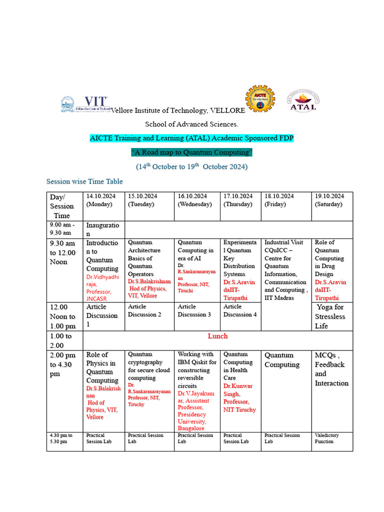 Quantum Computing FDP Schedule 2024 | PDF | Theoretical Physics | Quantum Computing