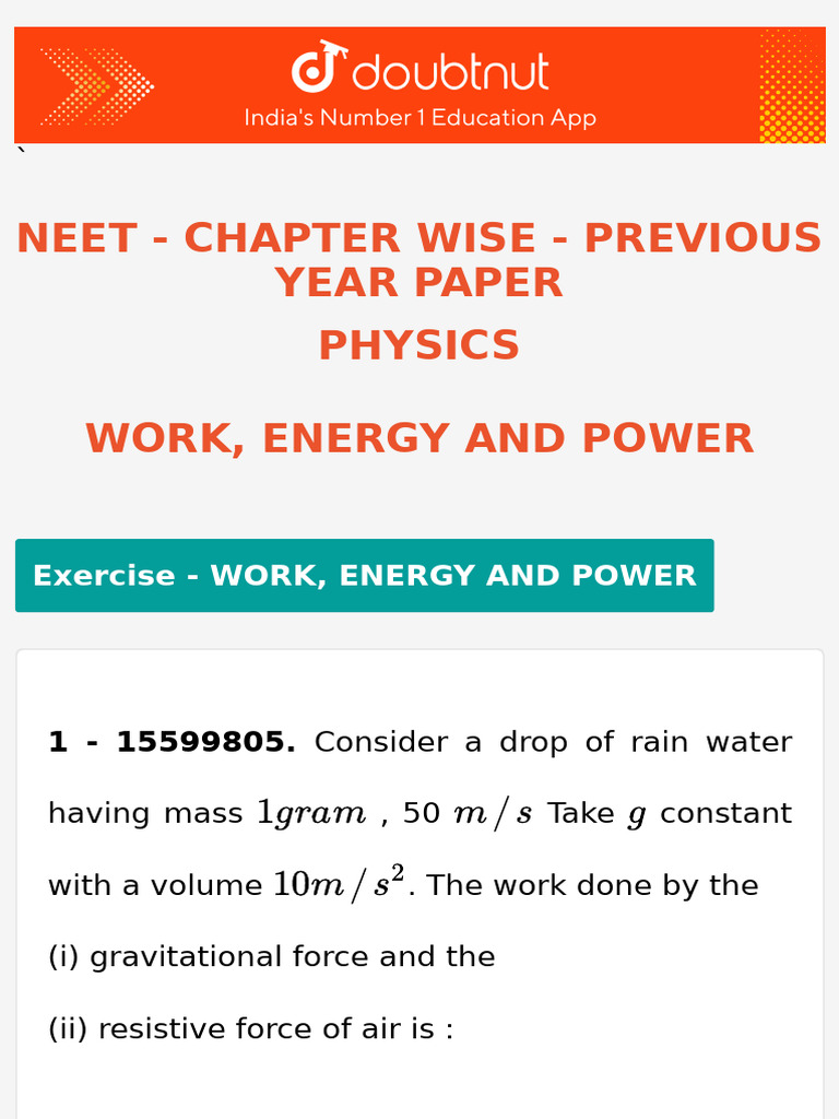 Neet Chapter Wise Previous Year Paper Class 12 Physics Work Energy and ...