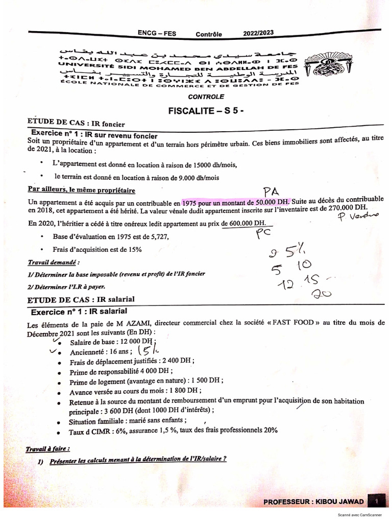 CC Et Exam Final. Fiscalité - Kibou | PDF