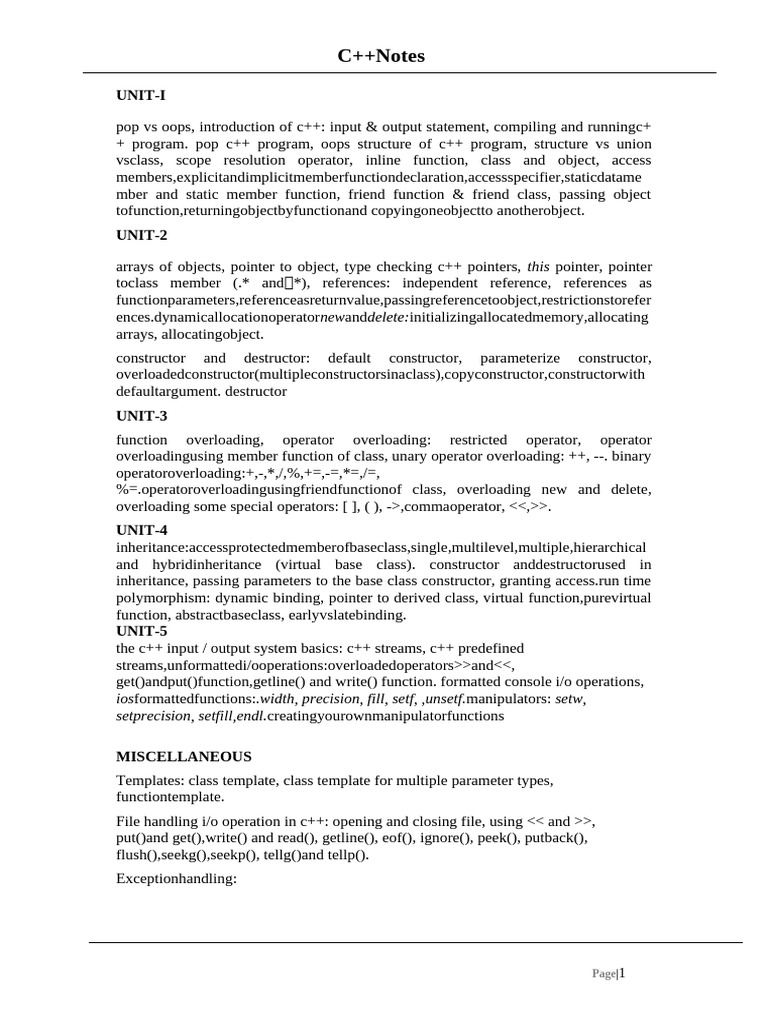 C++ notes | PDF | C++ | Object Oriented Programming
